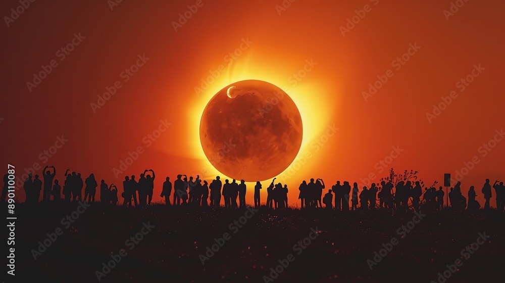 Crowd of people watching an annular solar eclipse, illustration for the ...