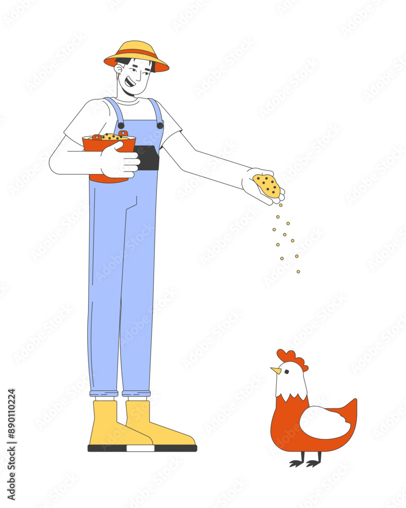 Happy asian man farmer feeding chicken 2D cartoon character. Korean ...