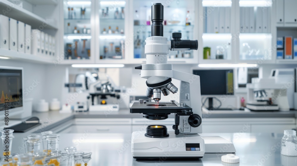 Modern laboratory with advanced microscope and scientific equipment ...