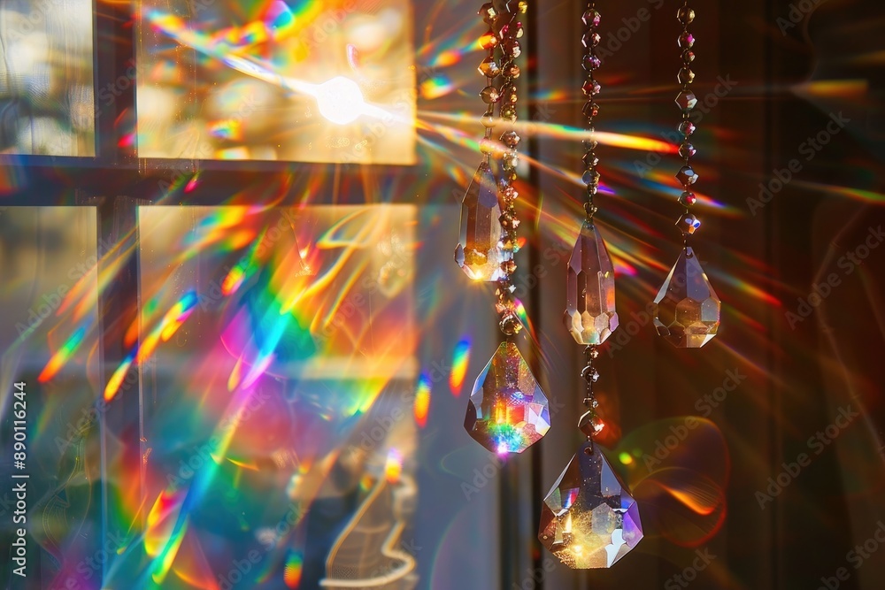 Sun catcher hung in a window with radiant rays passing through white ...