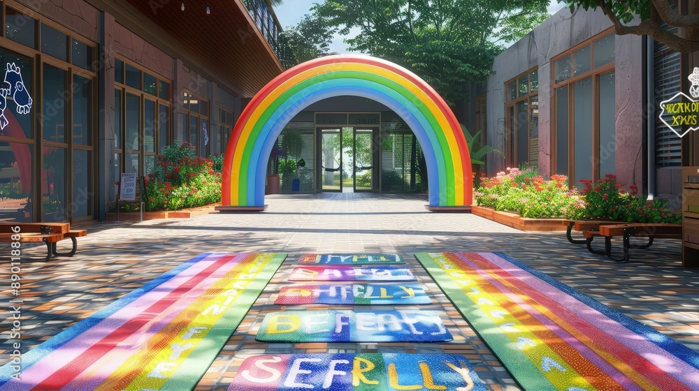 school entrance with a rainbow archway and welcome mats with positive ...