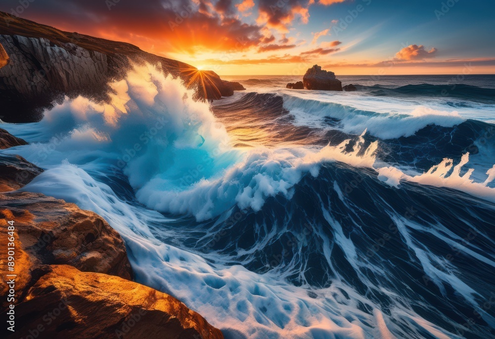 powerful waves crashing dramatically into coastal caves, water, motion ...