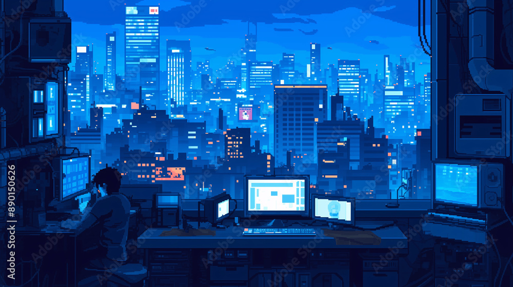 pixel art background, in front there is an old and dirty retro computer ...