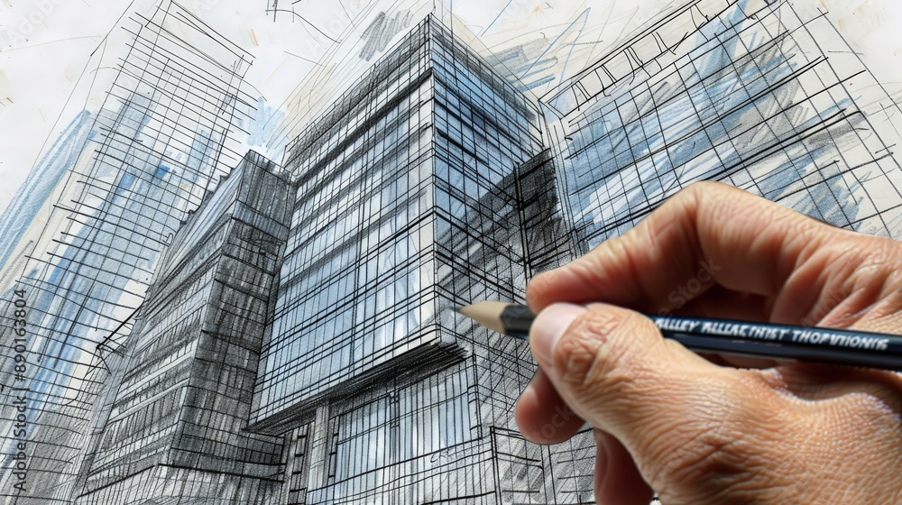 Depict an architect sketching the conceptual design for a new ...