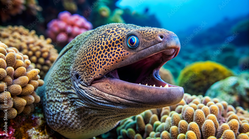 Large sea eel with a spotted pattern, sitting among vibrant coral reefs ...