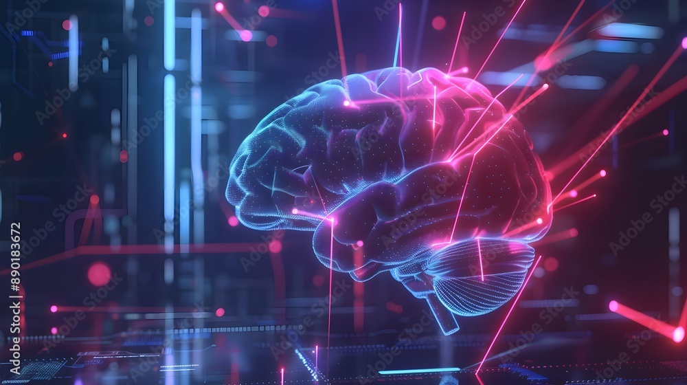 A digital illustration of a human brain lights up with neon lines and ...