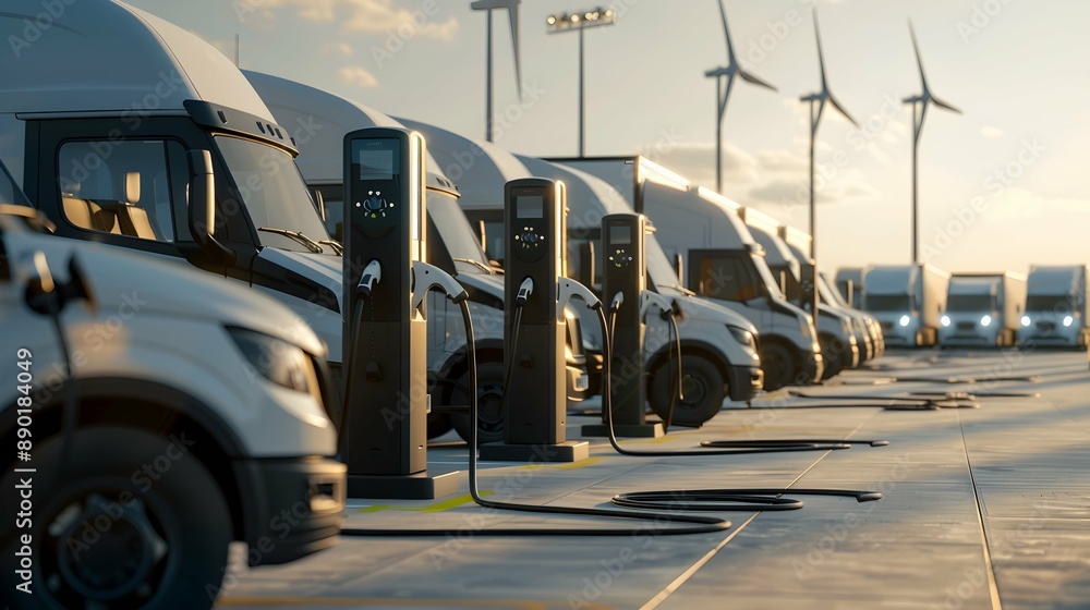 A fleet of company electric cars charging at fast charger station ...