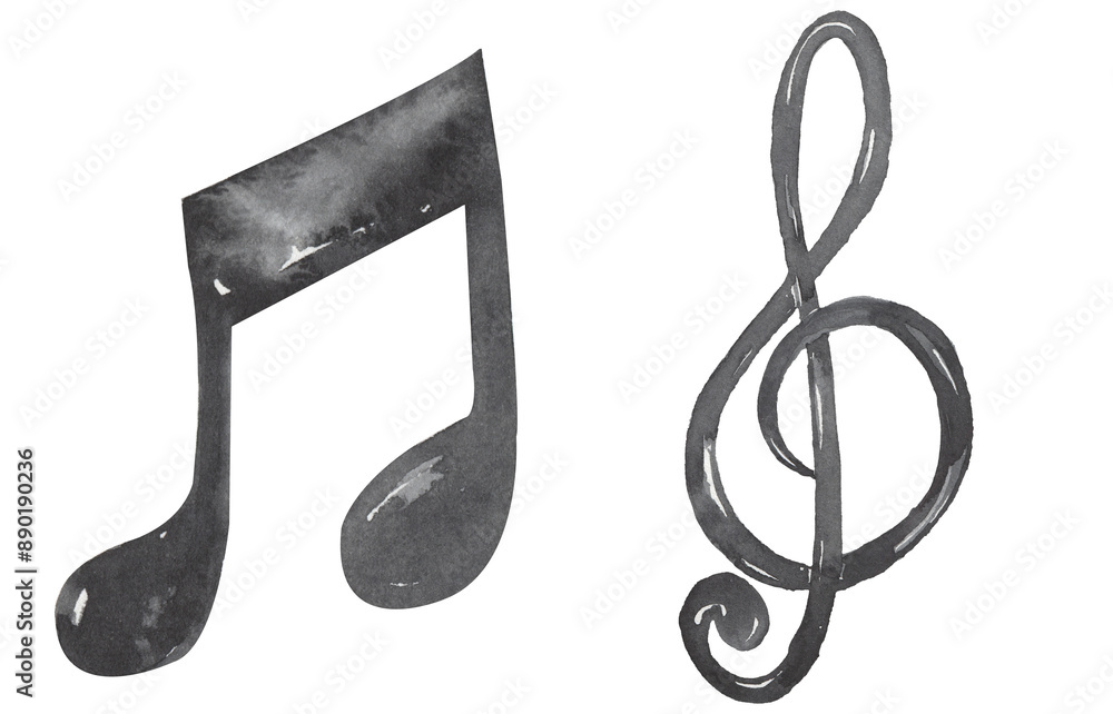 Watercolor treble clef and note hand drawn illustration, music elements ...