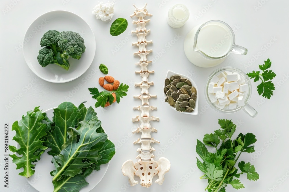 Spine diagram with calcium-rich foods like dairy, leafy greens, and ...