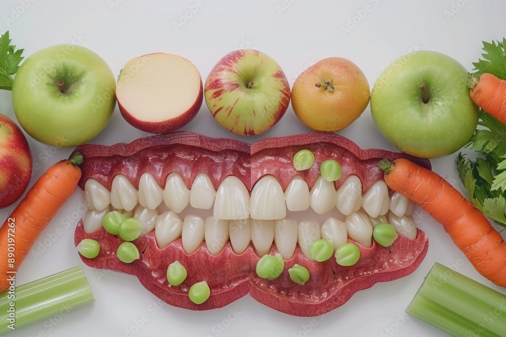 Mouth and teeth diagram with crunchy fruits and vegetables like apples ...