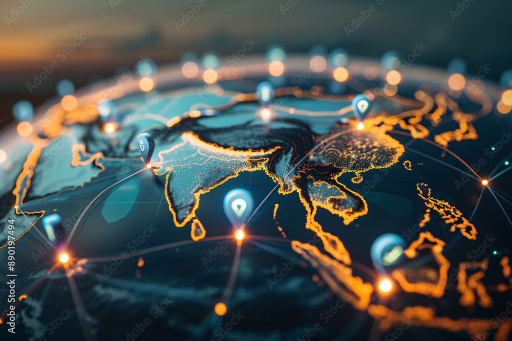 World map with illuminated lines and dots, illustrating global ...
