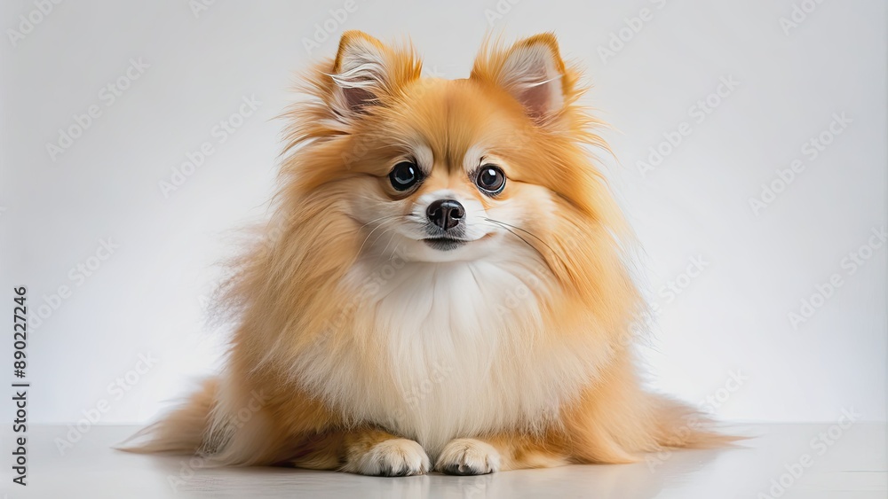 Adorable fluffy Pomeranian dog with bright eyes and curled tail posing ...