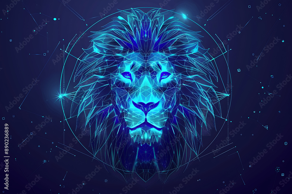 Digital wireframe polygon illustration of the Leo zodiac sign ...