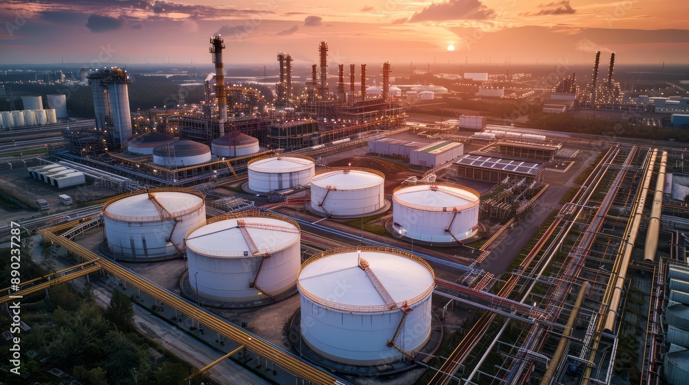 Aerial view oil and gas terminal storage tank farm. Oil tank storage chemical petroleum ...