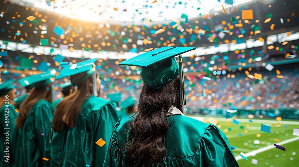 Joyous graduation party invitation showcasing an open area sports arena ...