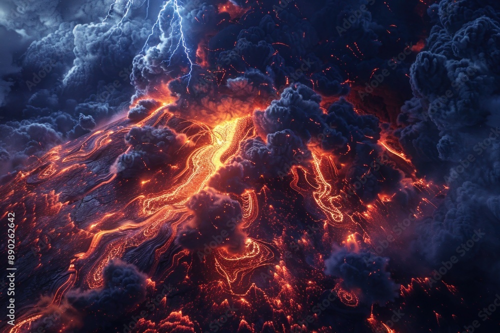 Vivid depiction of a volcanic eruption with lava flowing, ash clouds ...