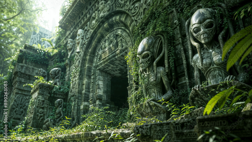 Ancient stone temple overgrown with vines in jungle, alien-like ...