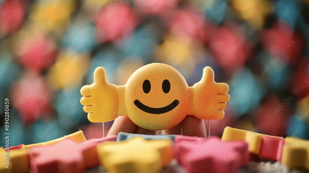 Smiley face surrounded by positive symbols, thumbs-up gestures, stars ...