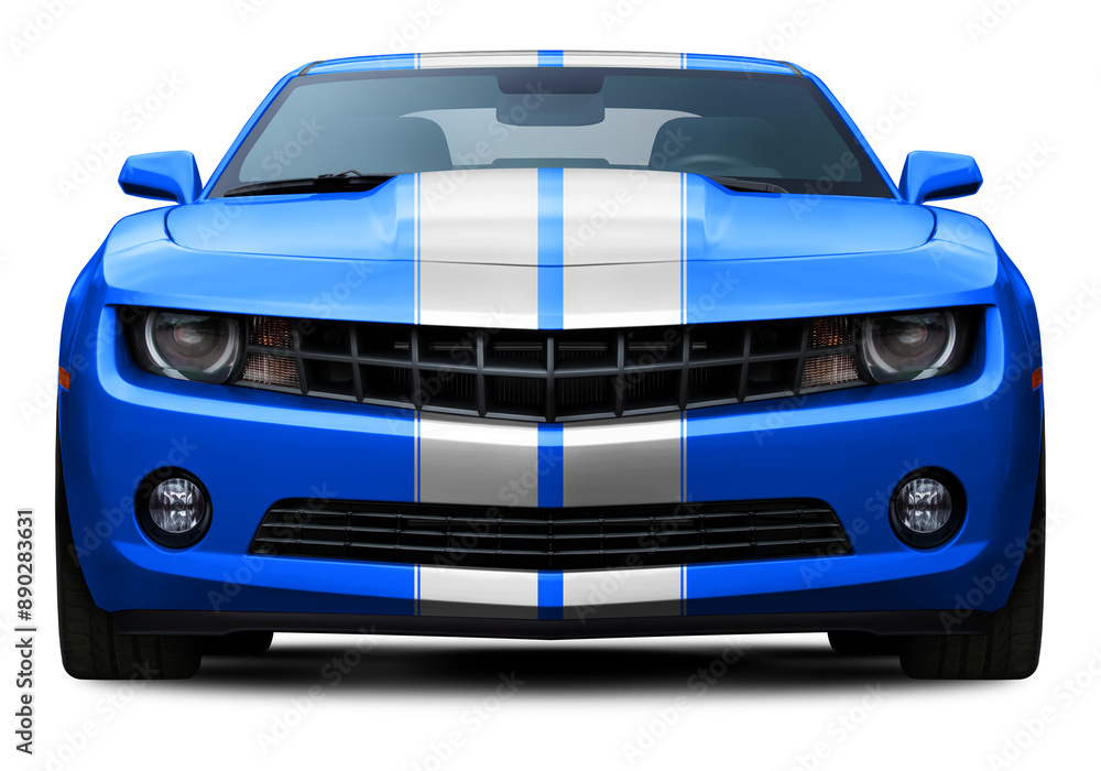 Powerful American blue muscle car front view. With white stripes in the ...