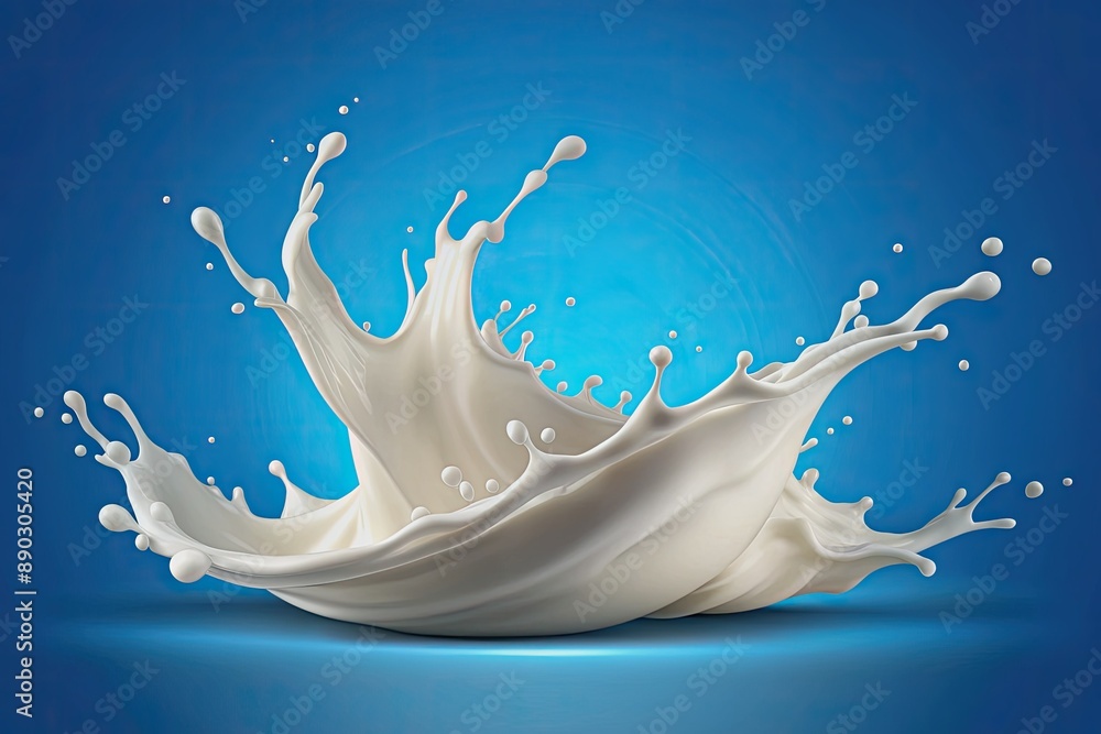 Vibrant splattered milk splash pours down in a flowing white liquid ...