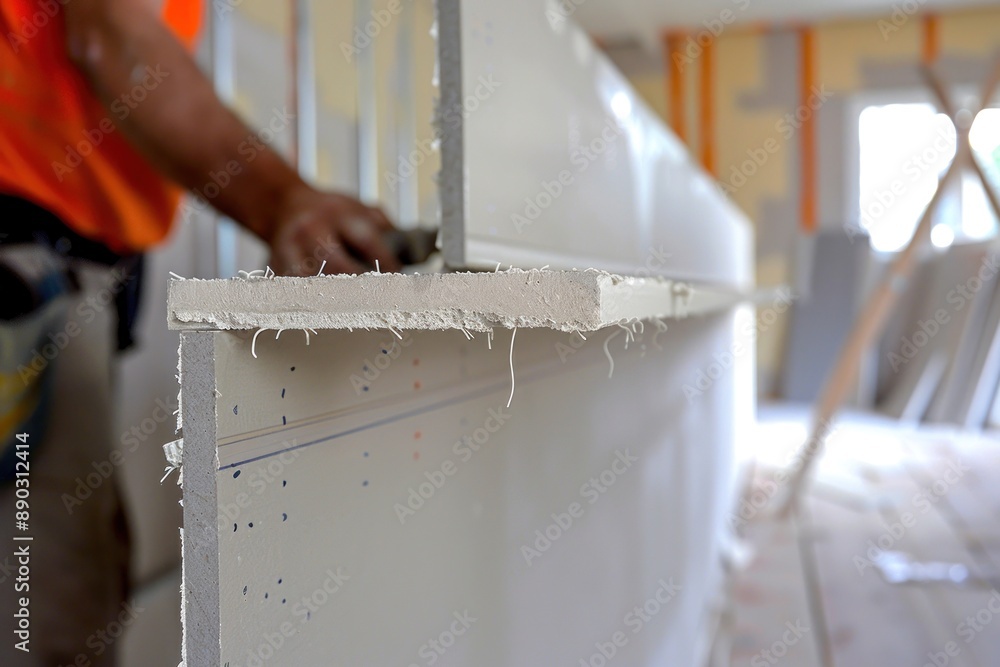 Sheets of drywall being installed in a new home, with a worker taping ...