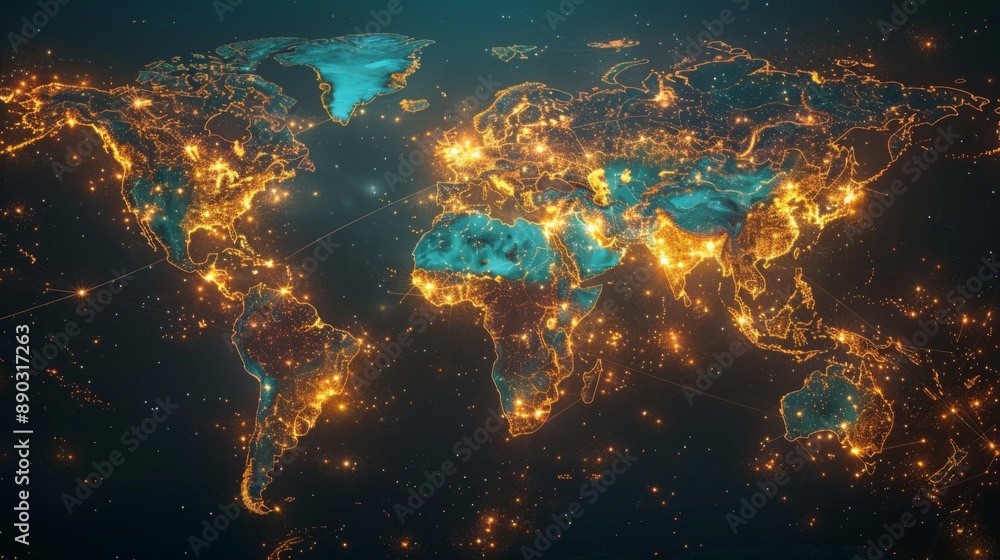 World Map with Illuminated Cities Stock Illustration | Adobe Stock