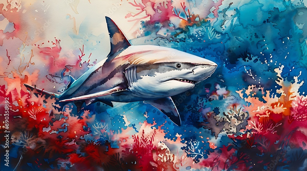 A powerful watercolor painting of a shark, its body intertwined with a ...