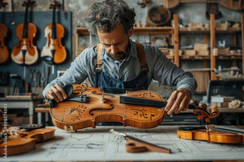 A musical instrument designer is seen in a well-equipped workshop ...