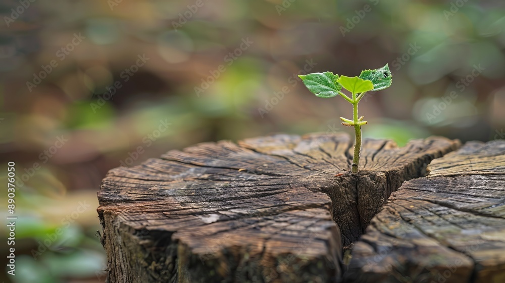 A tiny green plant sprouts from an old tree stump, symbolizing the ...