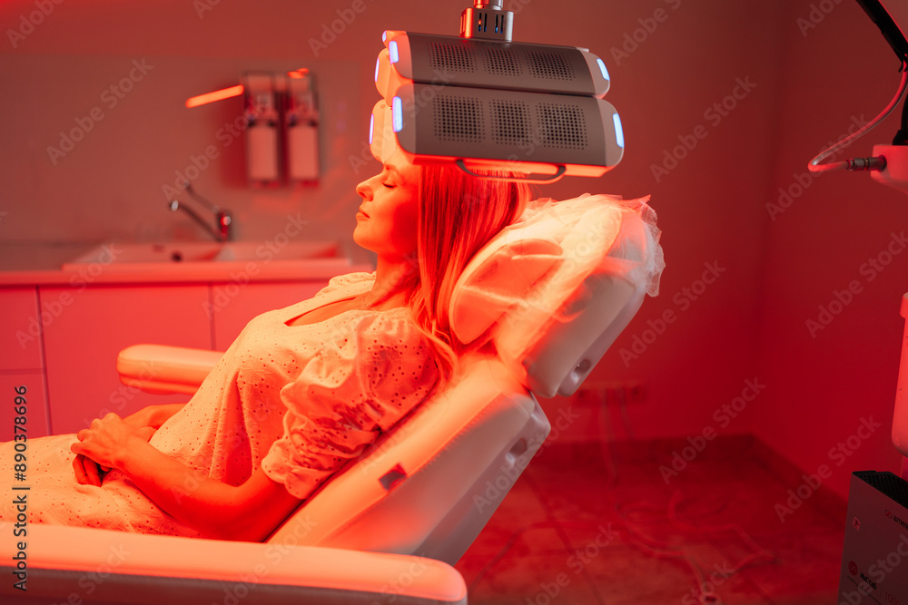 Side view portrait of blonde female lying on procedure chair having LED ...