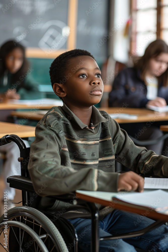 Preteen african american boy sitting in a wheelchair in a classroom ...