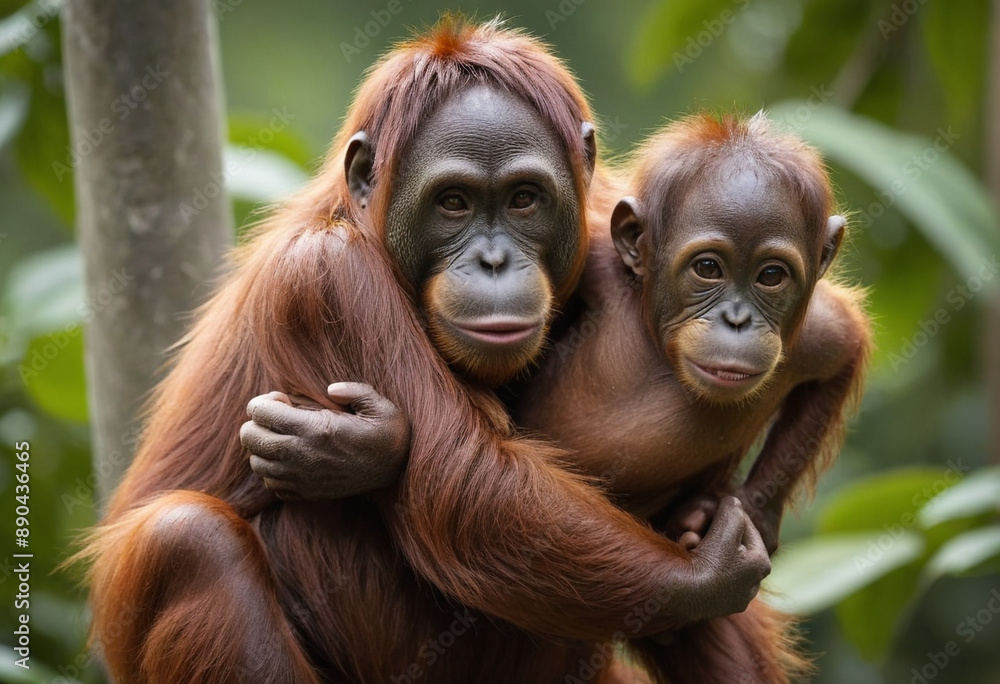 A photo of a baby orangutan clinging to its mother's back. (Raise ...
