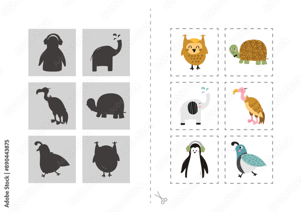 Find the correct shadow animals, educational game for kids. set of cute ...