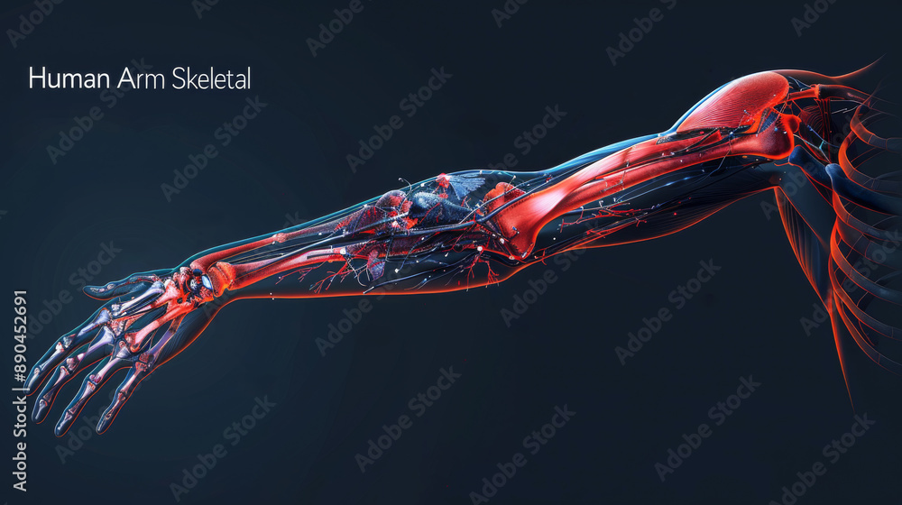 Human arm skeletal, muscular and nervous systems showing bones, muscles ...