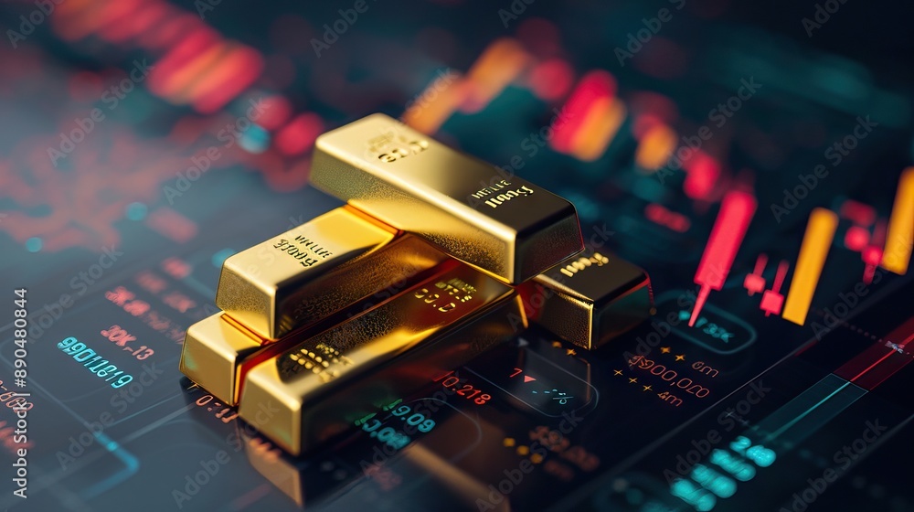 stack of shiny gold bars on down trend financial gold price graph ,concept of economy crash and ...