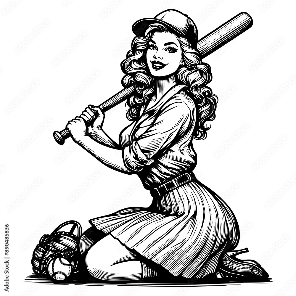 pin-up girl in a baseball uniform, holding a bat, a playful and sporty ...