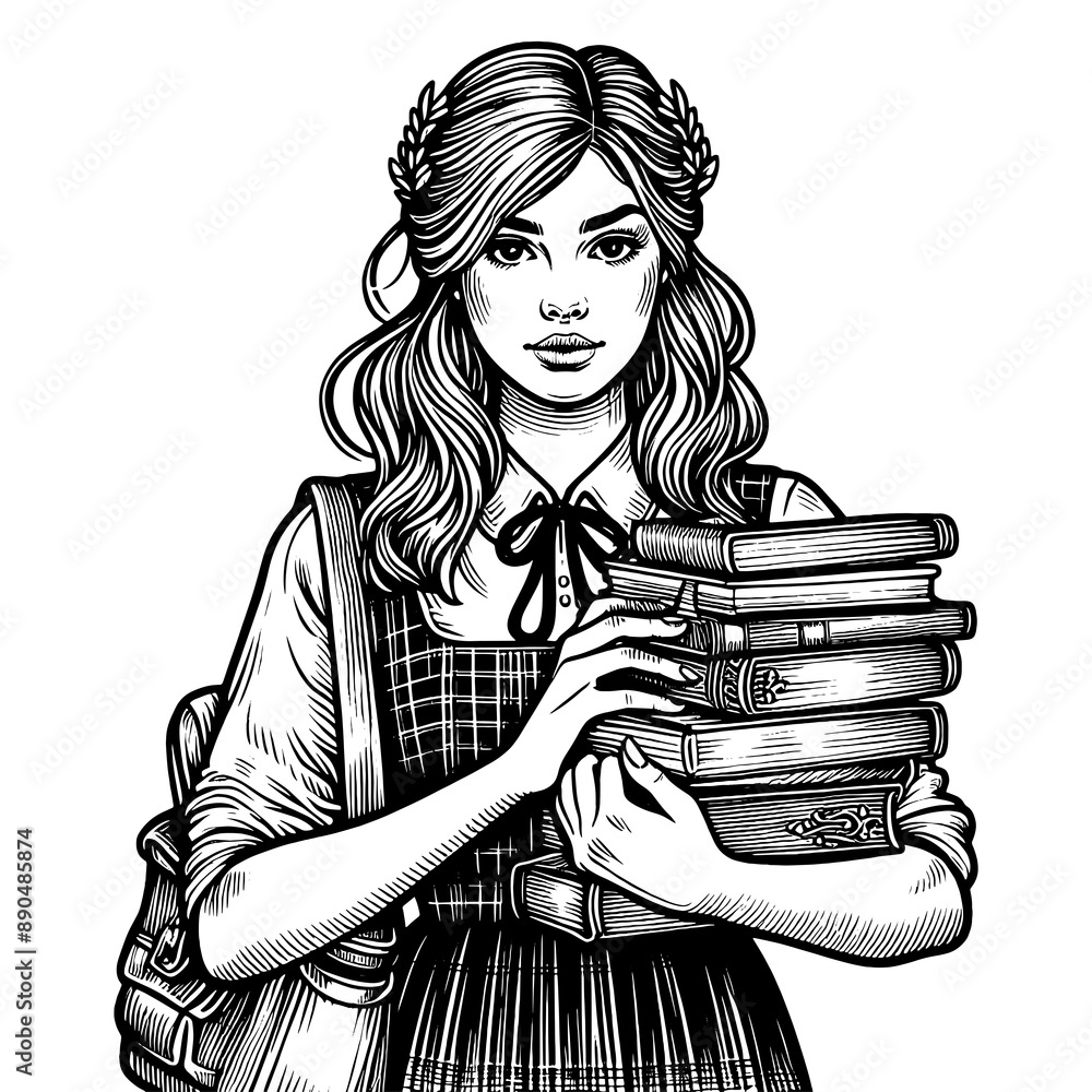 Schoolgirl student girl holding a stack of books classic and scholarly ...