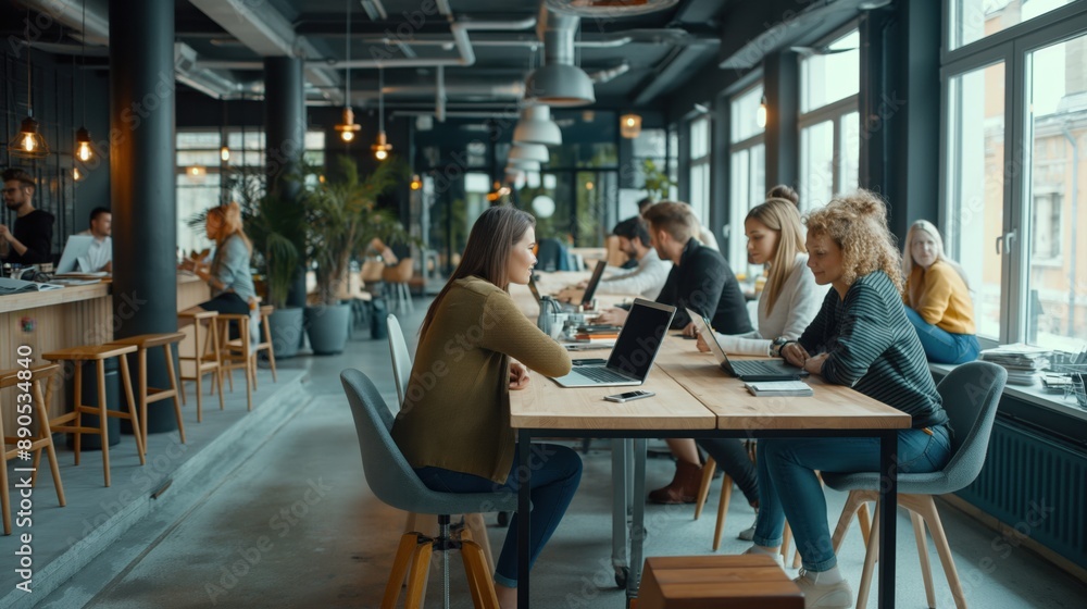 Open-plan office space with people working on laptops at communal ...