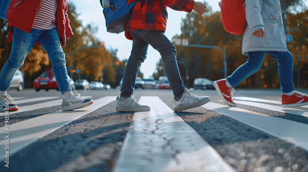Close-up of schoolchildren safely crossing the street at a marked ...