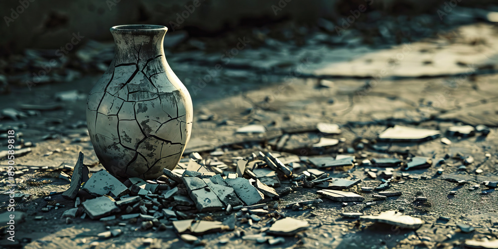 Broken Vase: Shattered pieces of a ceramic vase lie scattered on a ...