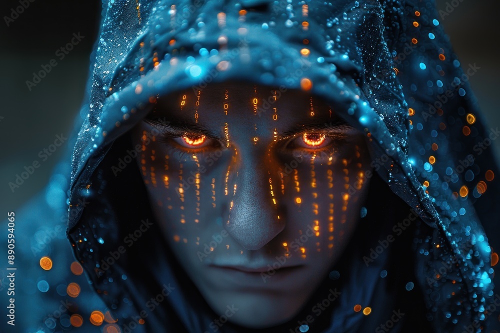 Anonymous binary code hacker under the jacket hood with face in shape ...