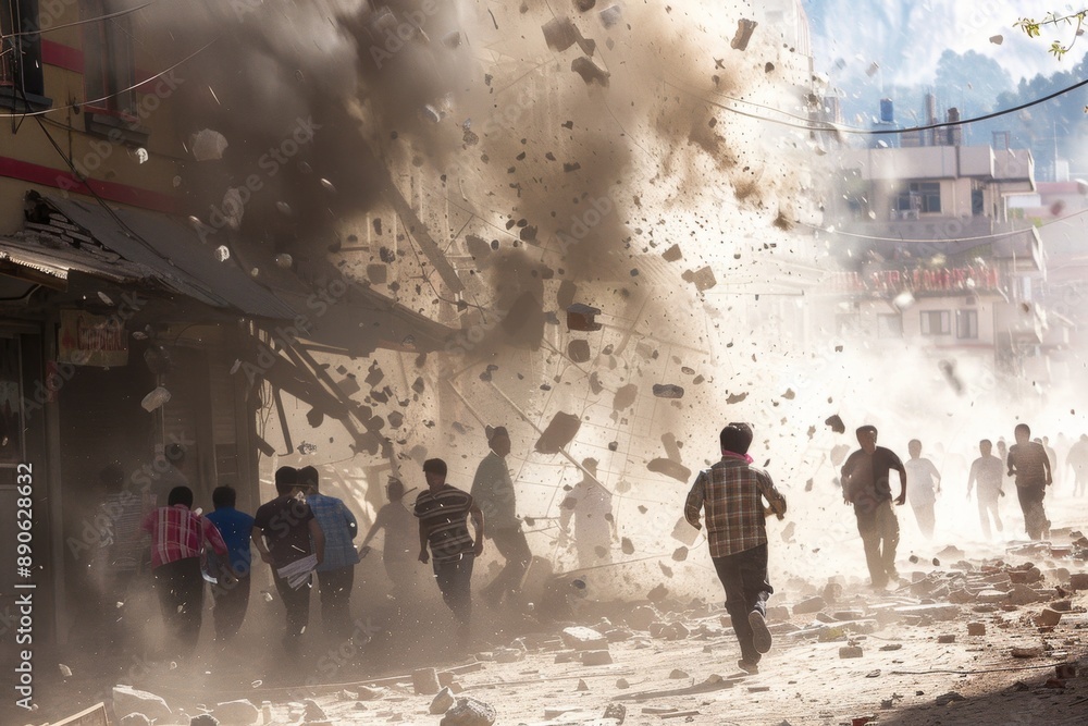 The destruction of buildings during an earthquake. Natural disaster ...