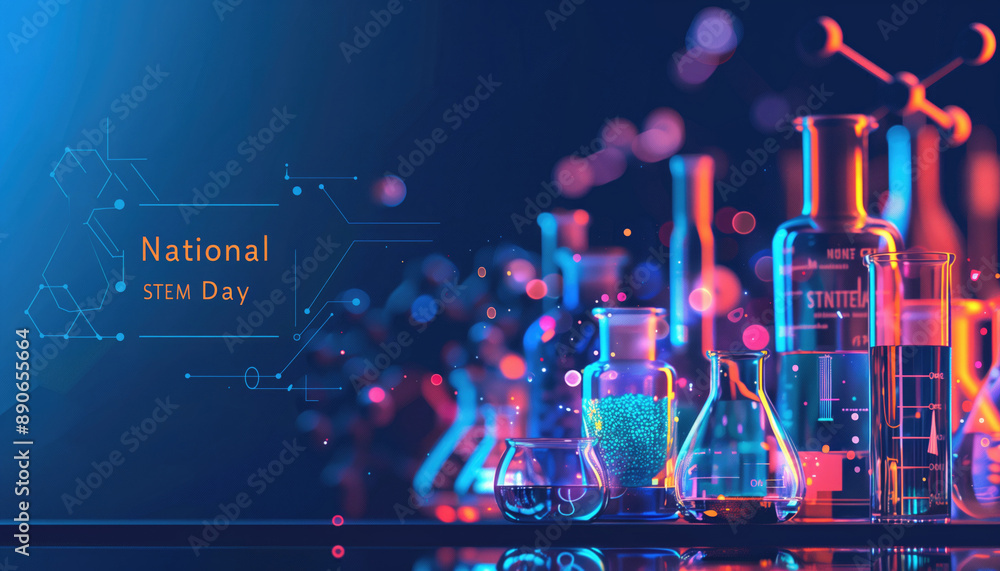 Scientific laboratory glassware with colorful chemical solutions and ...