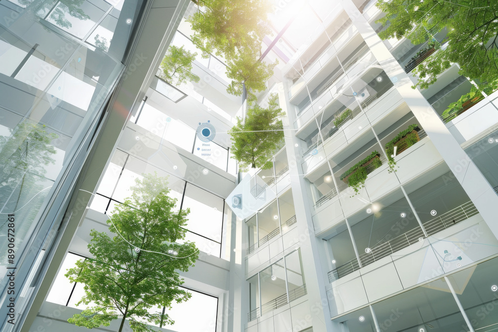 A modern atrium with tall glass walls and lush indoor trees bathed in ...