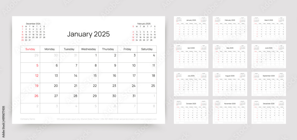 2025 year calendar. Planner calender template. Week starts Sunday ...