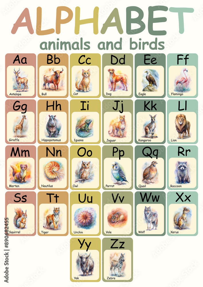 English alphabet with animals poster, English alphabet poster in pastel ...