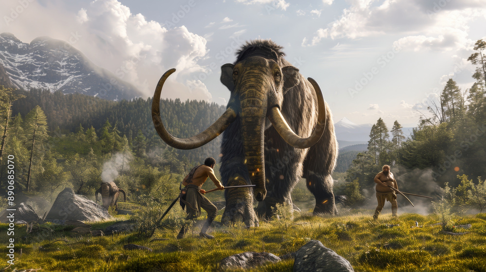 A group of primitive humans confronts a massive woolly mammoth in a ...