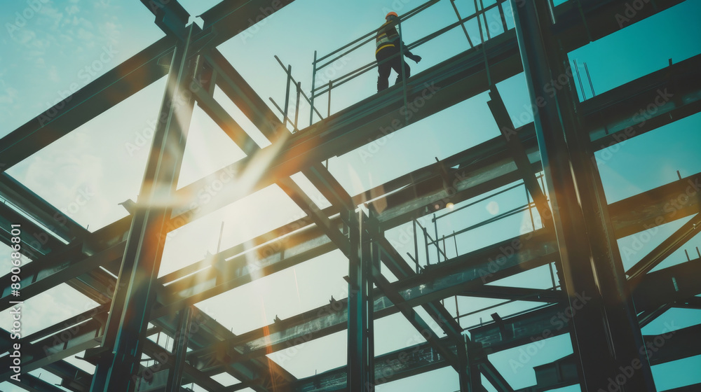 Construction worker navigating a steel framework structure with ...
