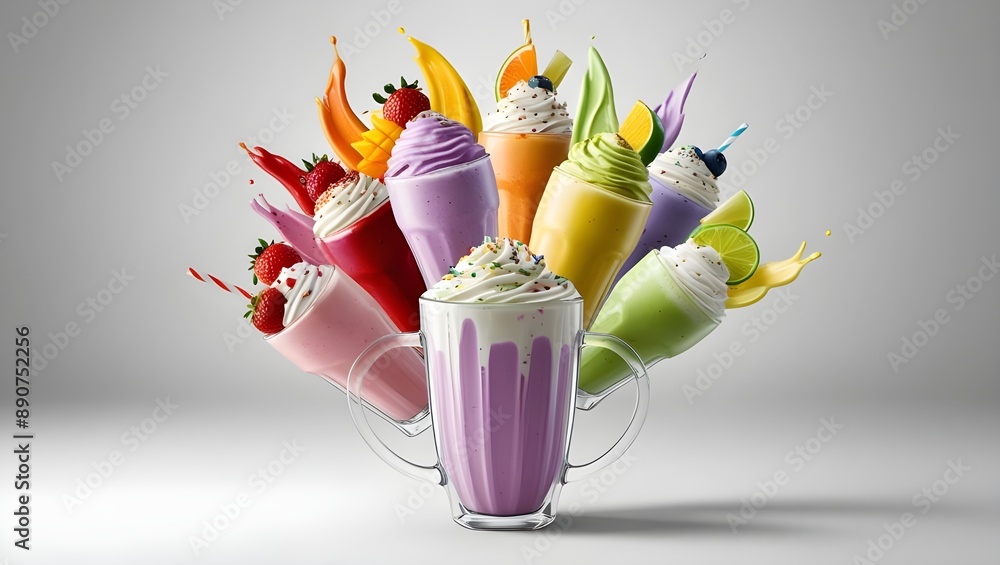 A colorful milkshake smoothie spilling over a clear cup, isolated on a ...