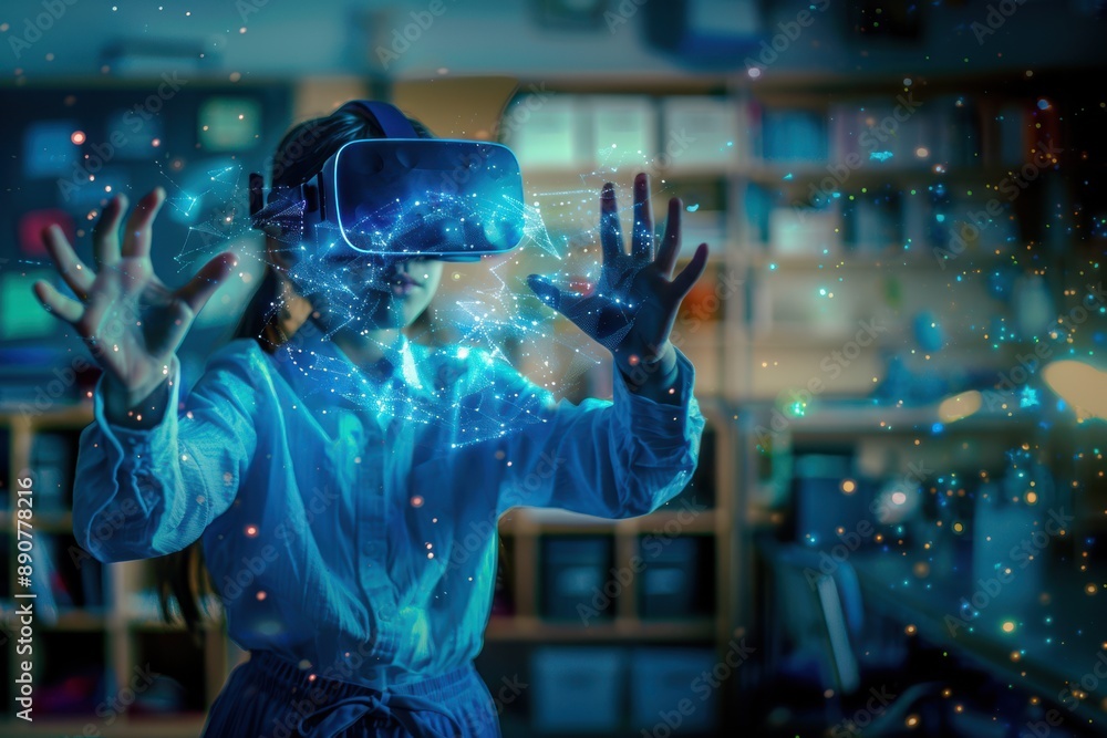 School student with VR headset using AI artificial intelligence ...